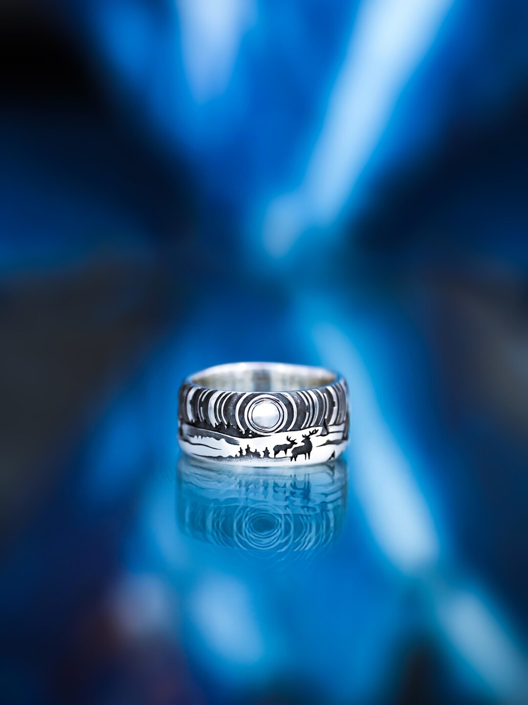 Northern Reindeer Ring - Handmade Wide Band - Northern Lights Ring ...