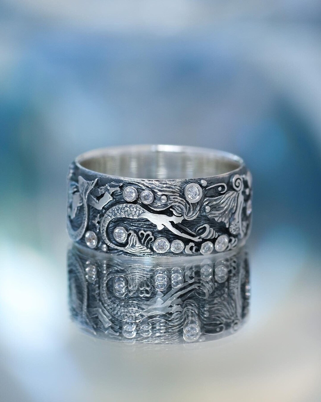 Mythical Ring With Mermaids - Ocean Ring - Unusual Silver Ring - Unique ...