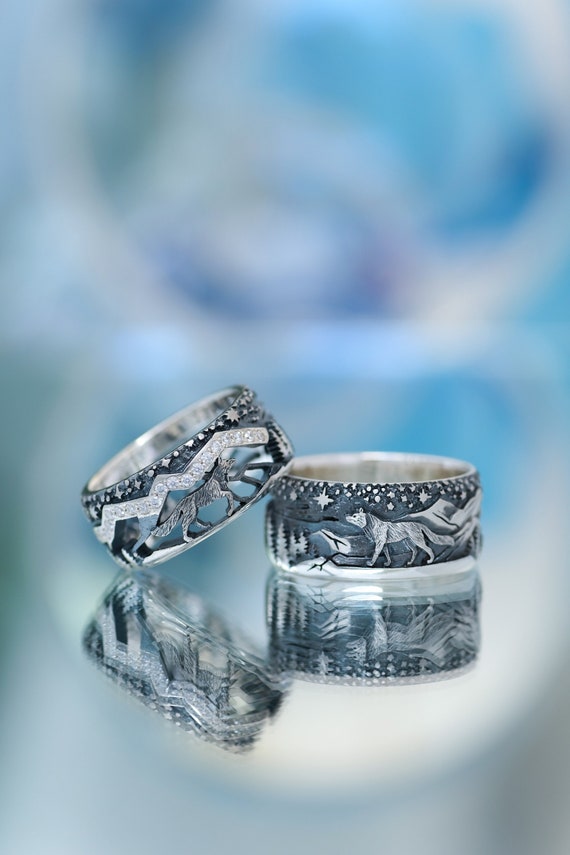 Wolf and she wolf Paired rings Ring with cubic zirconias Engagement rings Fancy wedding rings Fantastic mountains Space
