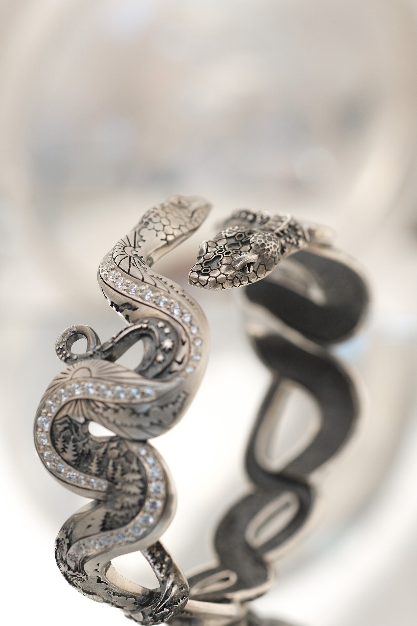 Metaphorical Snake Wrap Bangle - Sterling Silver Cuff Bangle - Double ...