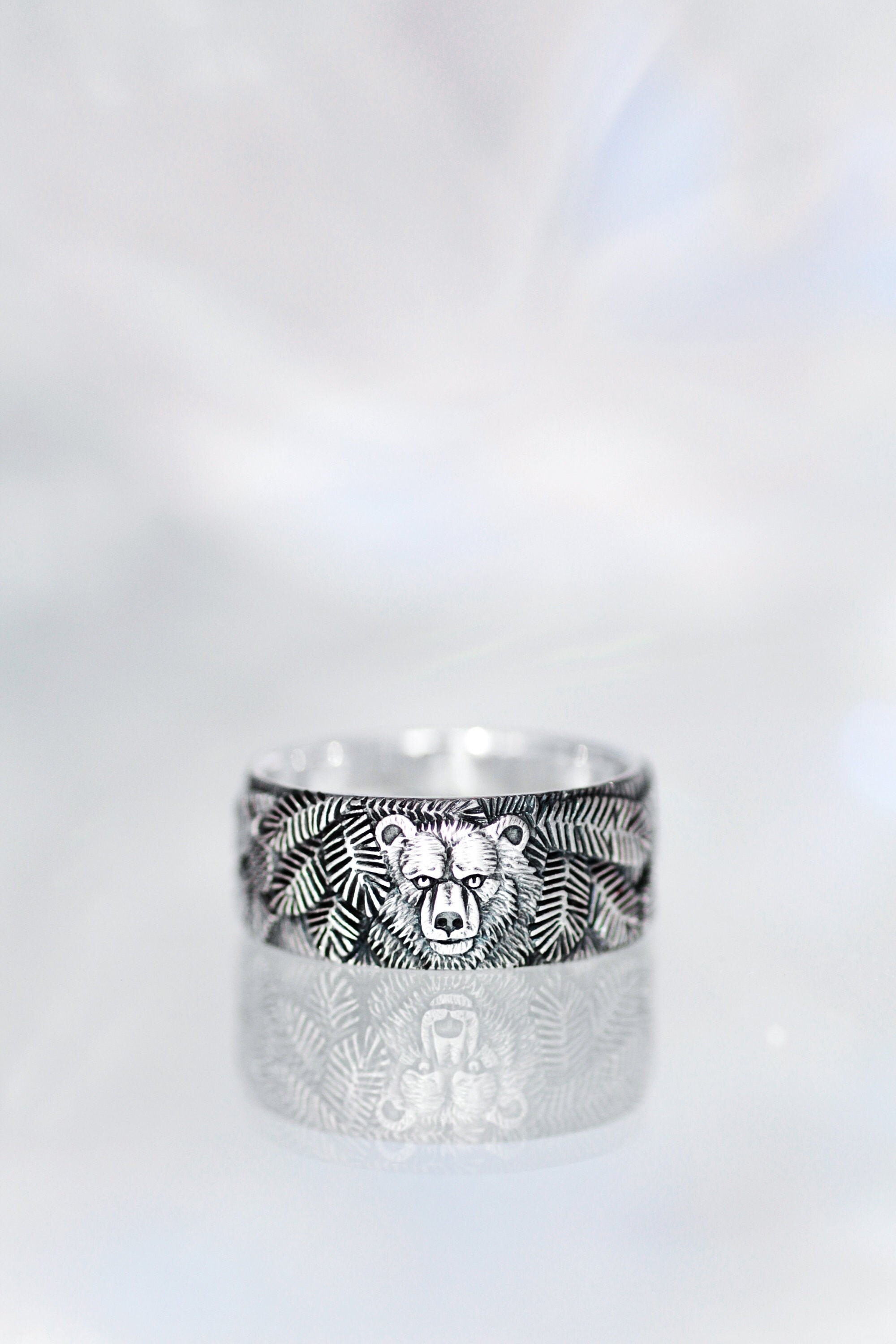 Bear in Fir Branches - Bear Ring - Ring for a Man - Wide Strip With a ...