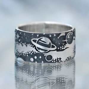 Handmade Sterling Silver Space Ring, Wide Galaxy Band, Cosmic Planet ...