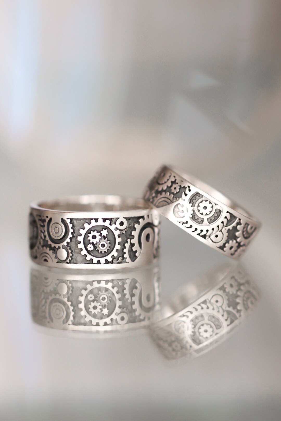 Cyberpunk Sterling Silver Wedding Rings - Handmade Gear Couple Rings - Etsy