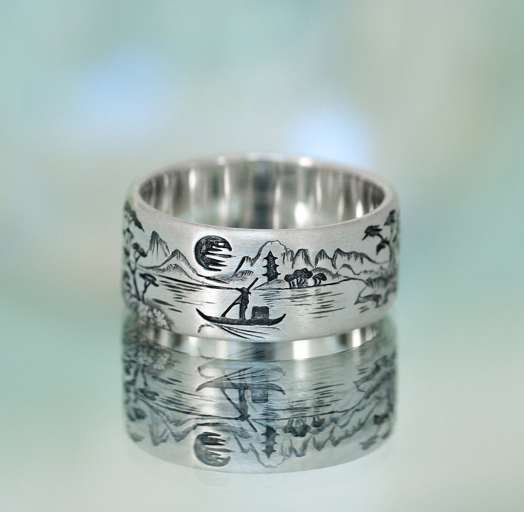 Japanese Engraving / Wide Ring / Handwork / Sunset / - Etsy