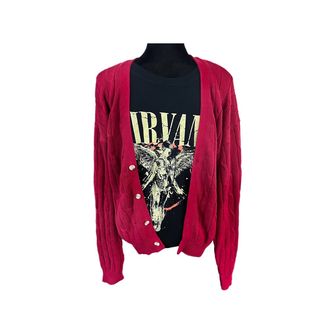 Vintage 90s Grunge Cardigan Mens XL James River Traders Red Cable Knit ...