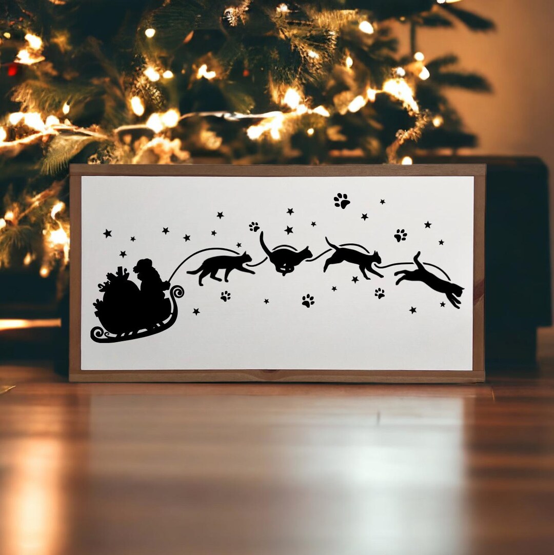 25x13 / Santa Sleigh With Cats / Cat Christmas Decor / Modern Farmhouse ...