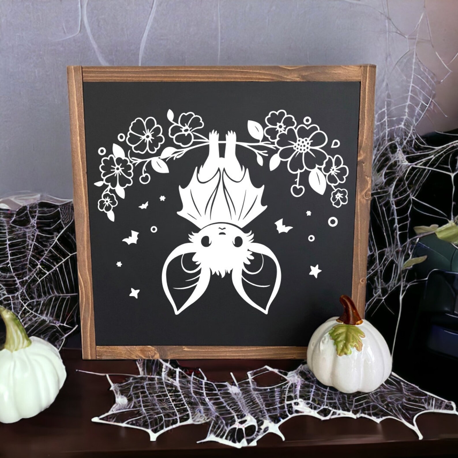 13x13 / Floral Bat Sign / Cute Halloween Decor / Girly Halloween Wall ...