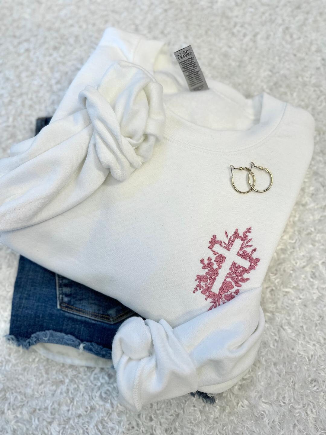 Embroidered Floral Cross Crewneck Sweatshirt - Religious Sweatshirt ...