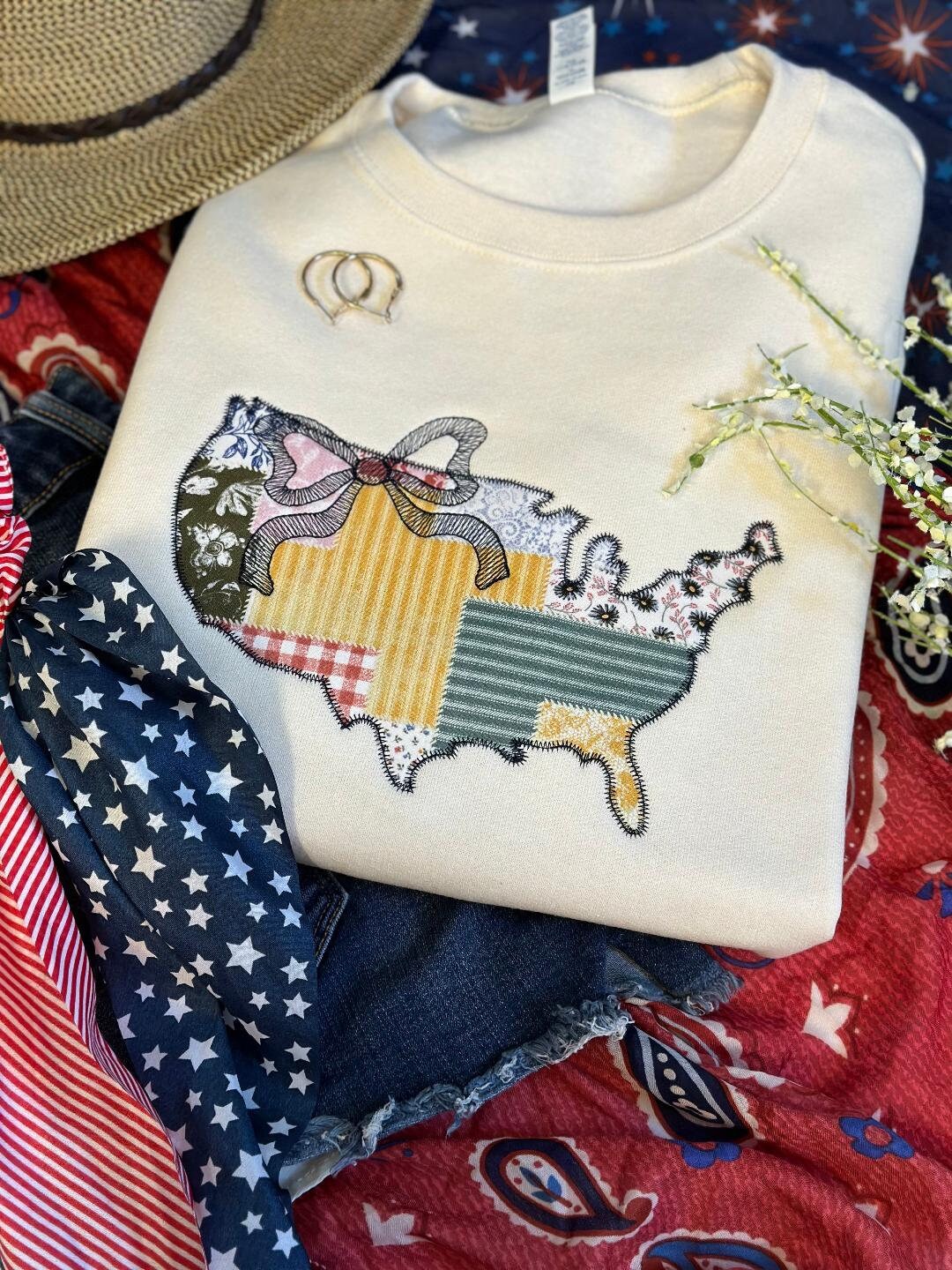 Quilted Pattern United States Applique Sweatshirt - Embroidered USA ...