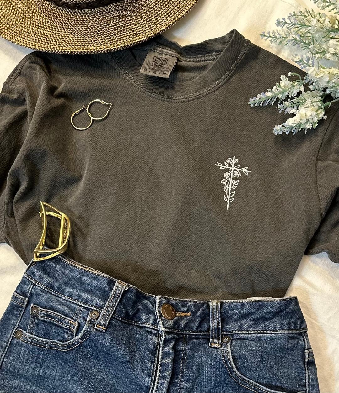 Floral Cross Embroidered Crewneck - Comfort Colors Floral Cross T-shirt ...
