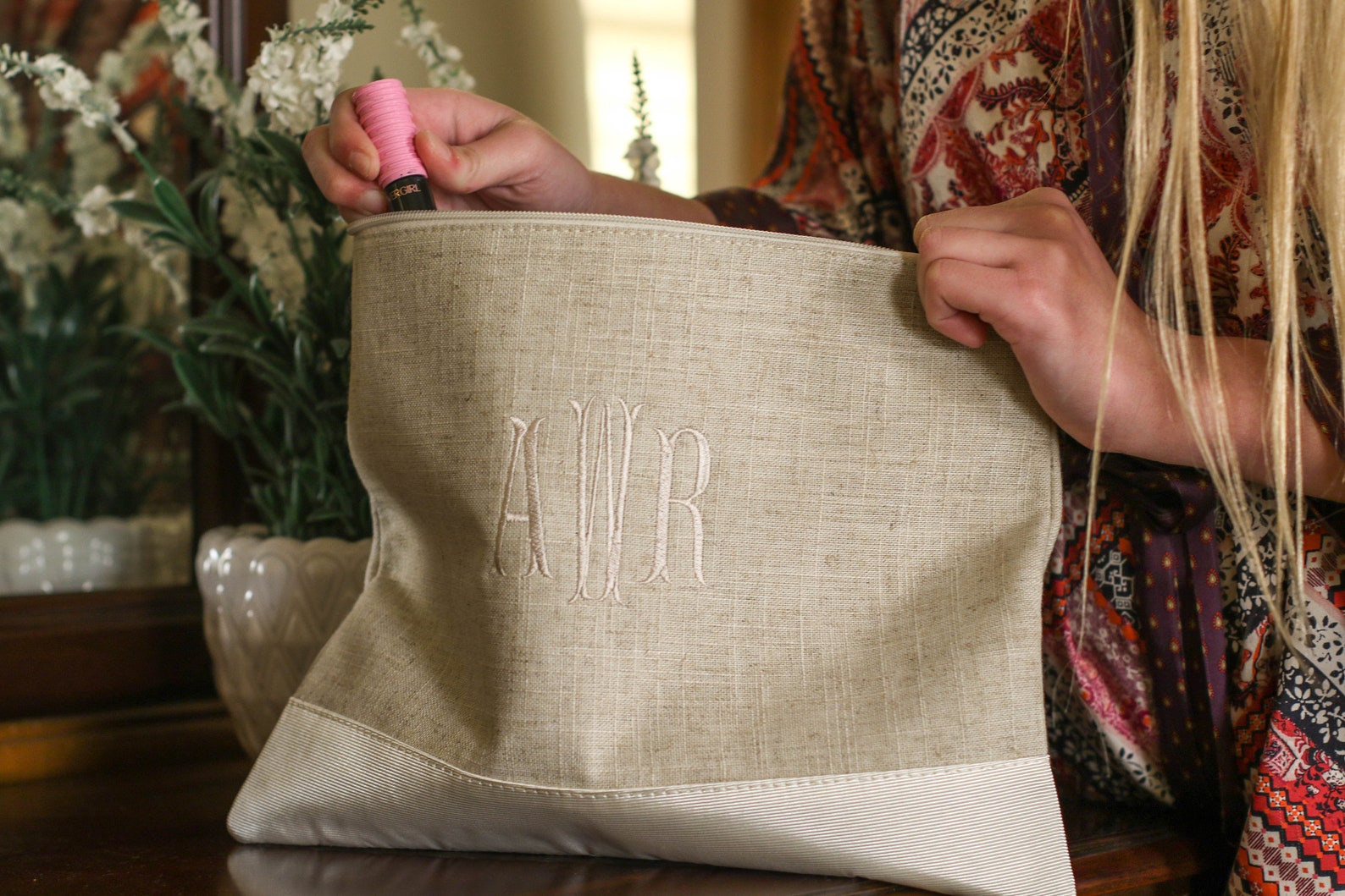 Monogrammed Linen Cosmetic Pouch, Personalized Cosmetic Bag, Large ...