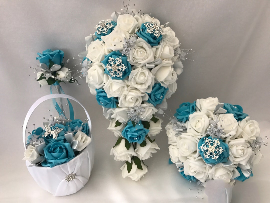 Artificial Wedding Bouquets Flowers Sets White Turquoise - Etsy