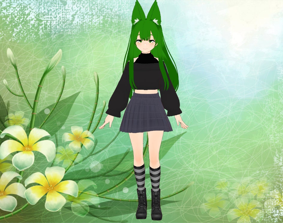 Premade 3D Vtuber 2D Aesthetic Fully Rigged VRM File Green Neko Cat ...