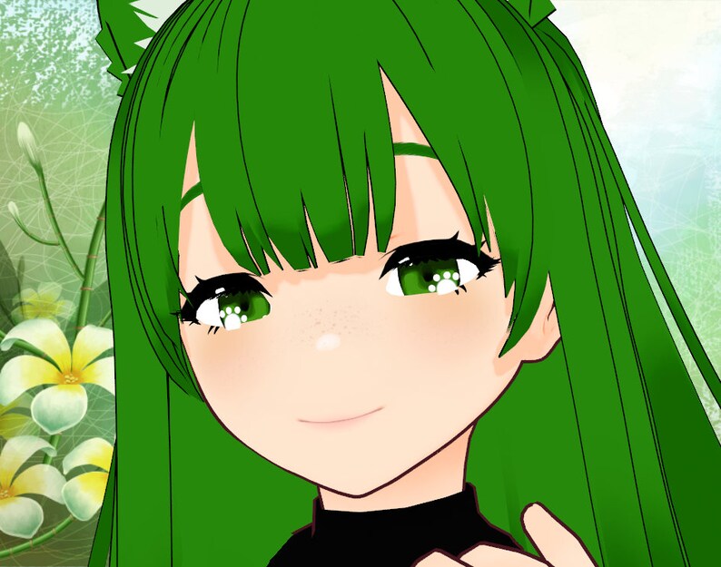 Premade 3D Vtuber 2D Aesthetic Fully Rigged VRM File Green Neko Cat Girl Cute Kawaii Commercial ...