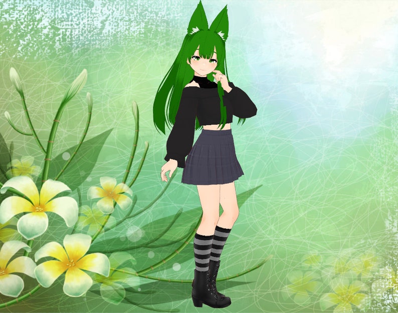 Premade 3D Vtuber 2D Aesthetic Fully Rigged VRM File Green Neko Cat ...