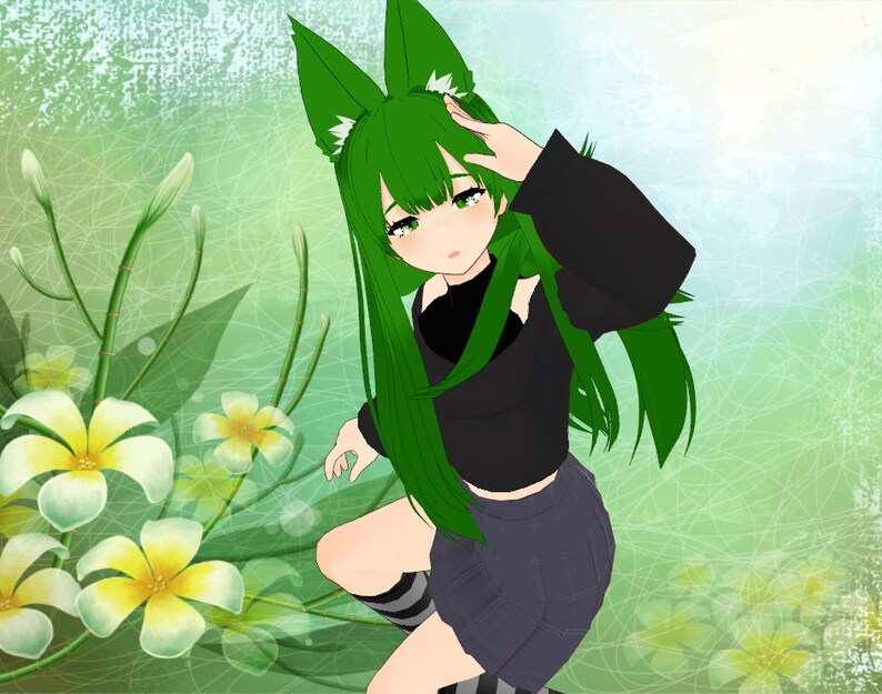 Premade 3D Vtuber 2D Aesthetic Fully Rigged VRM File Green Neko Cat ...