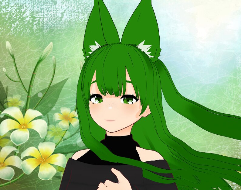 Premade 3D Vtuber 2D Aesthetic Fully Rigged VRM File Green Neko Cat ...