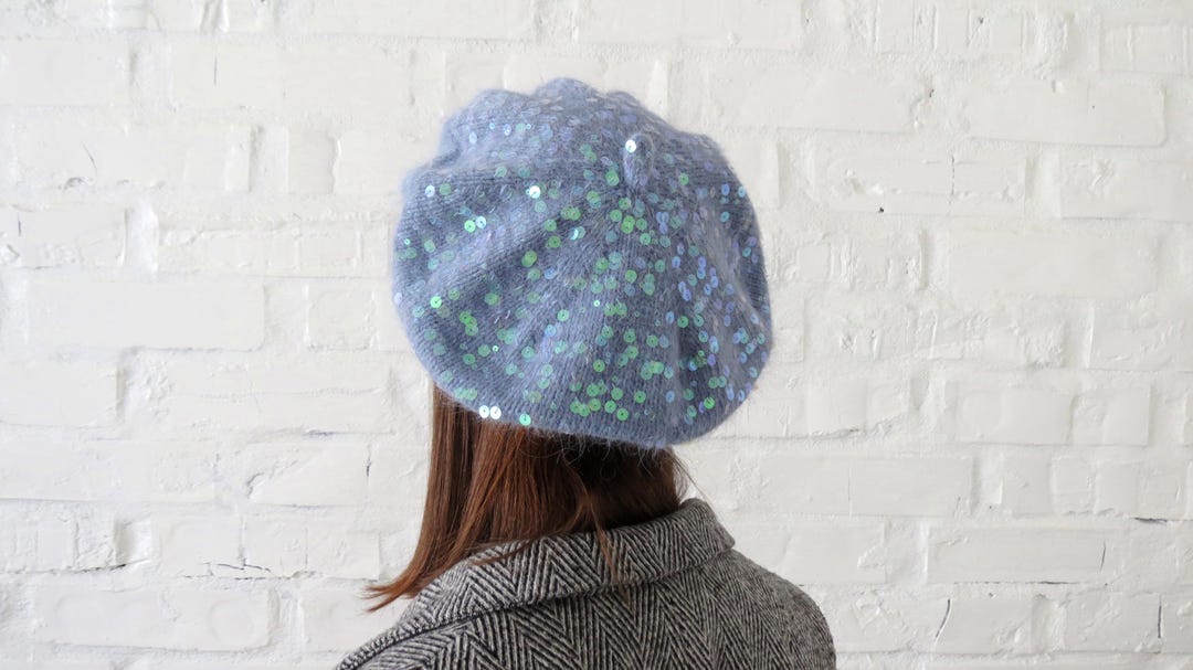 Sequin Angora Hand Knit Tam Shiny Blue Beret Hat Rabbit Angora French ...