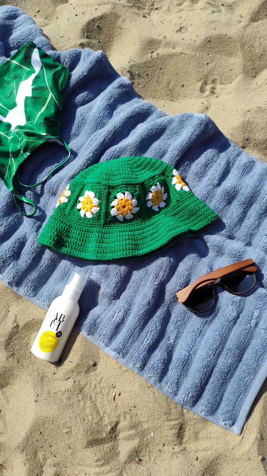 Green Crochet Bucket Hat, Cotton Granny Square Brim Hat, Ffloral ...