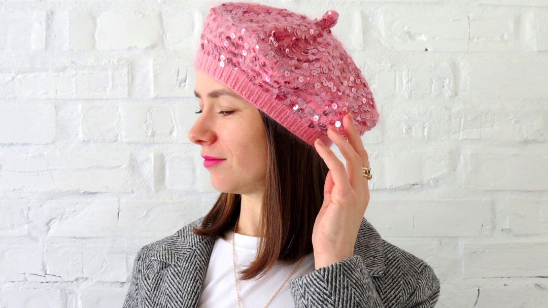 Angora Fluffy Beret With Sequin French Style Hat Pink Women Knitted ...