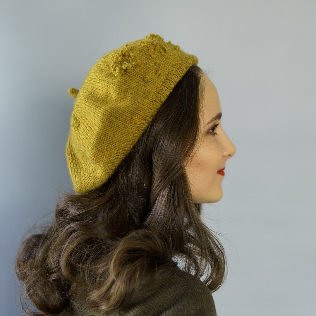 Mustard Knit Beret With Embroidery Spring Autumn Handmade Beret Hat ...