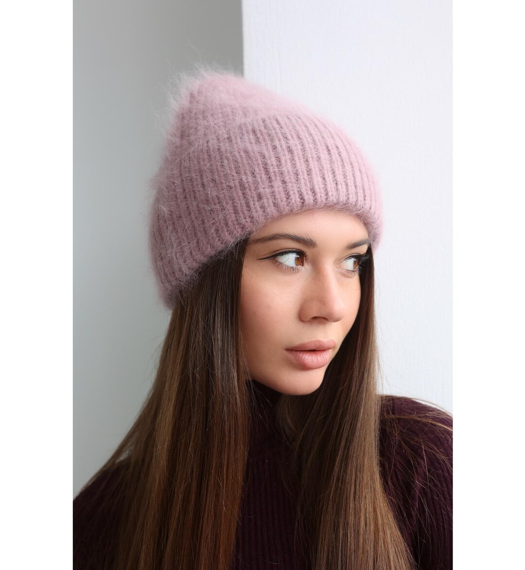 Dark Gray Real Angora Loose Hat Knitted Fluffy Beanie Cute Teens Cap ...