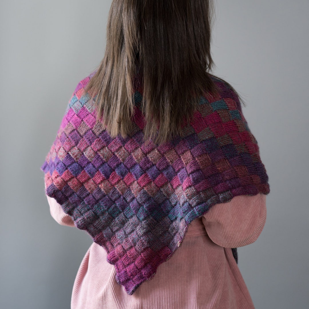 Colorful Entrelac Shawl Cozy Triangle Scarf Rainbow Boho Wrap Multicolor Knit Shawl Bright Wool ...