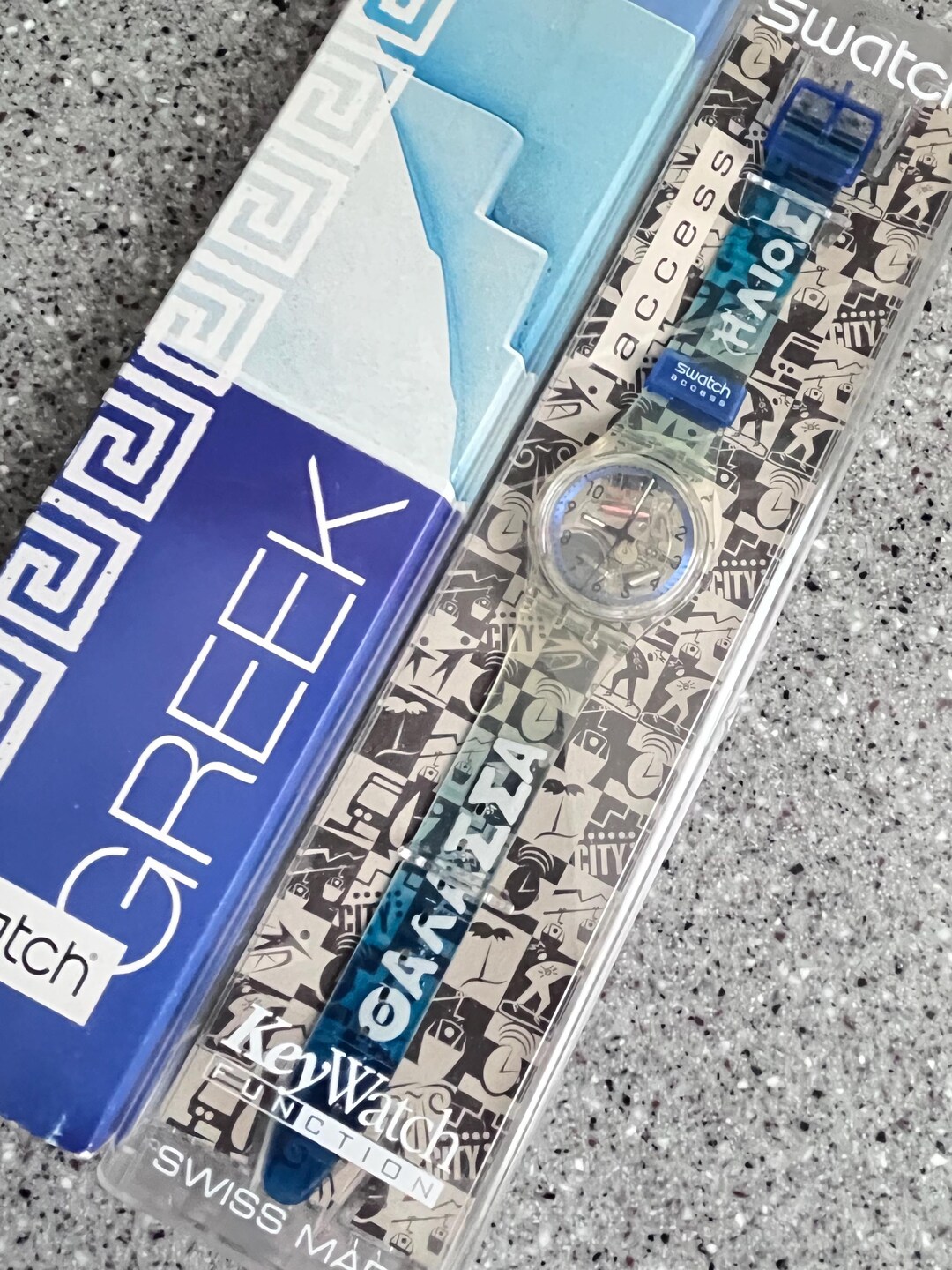Vintage Swatch Access Blue Watch GREEK Special in Box With Decorative ...