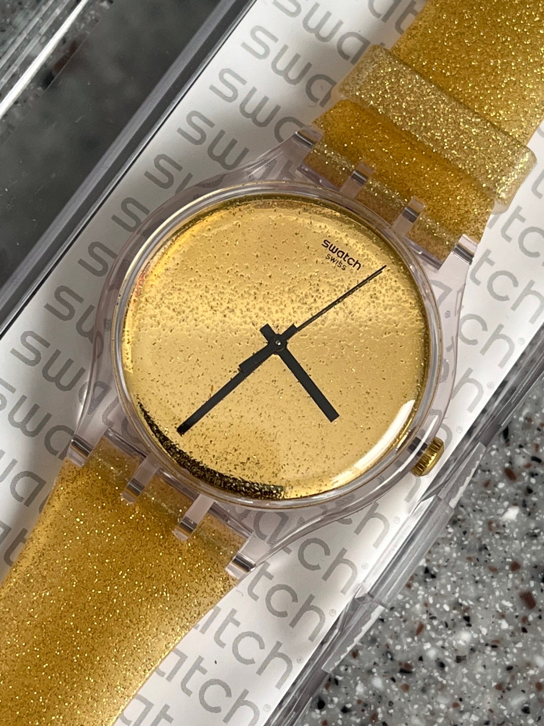 NEW Groovy Glittery Gold Swatch 41mm Larger Watch Unworn Running With ...