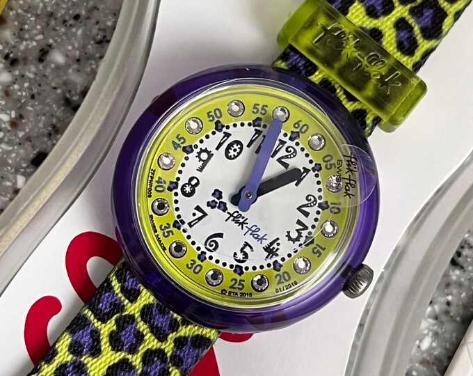 New Flik Flak Swatch Watch Leopard Print Purple Green Working Double ...