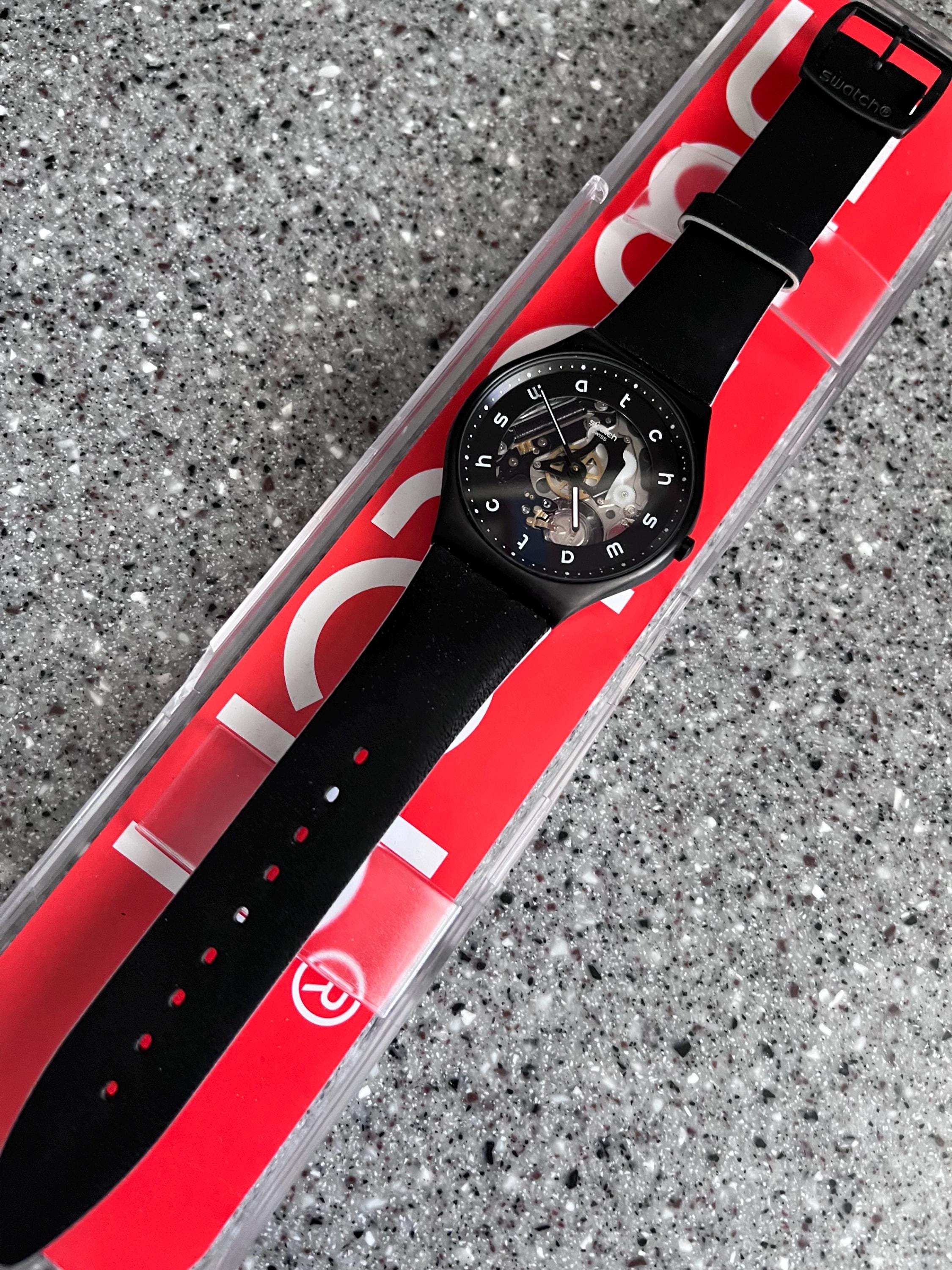 Swatch Watch Black and White Logo SKIN Swatch 42mm Larger Skeleton Dial ...