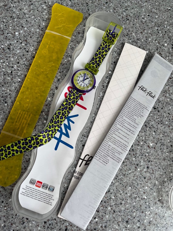 New Flik Flak Swatch Watch leopard print purple green… - Gem