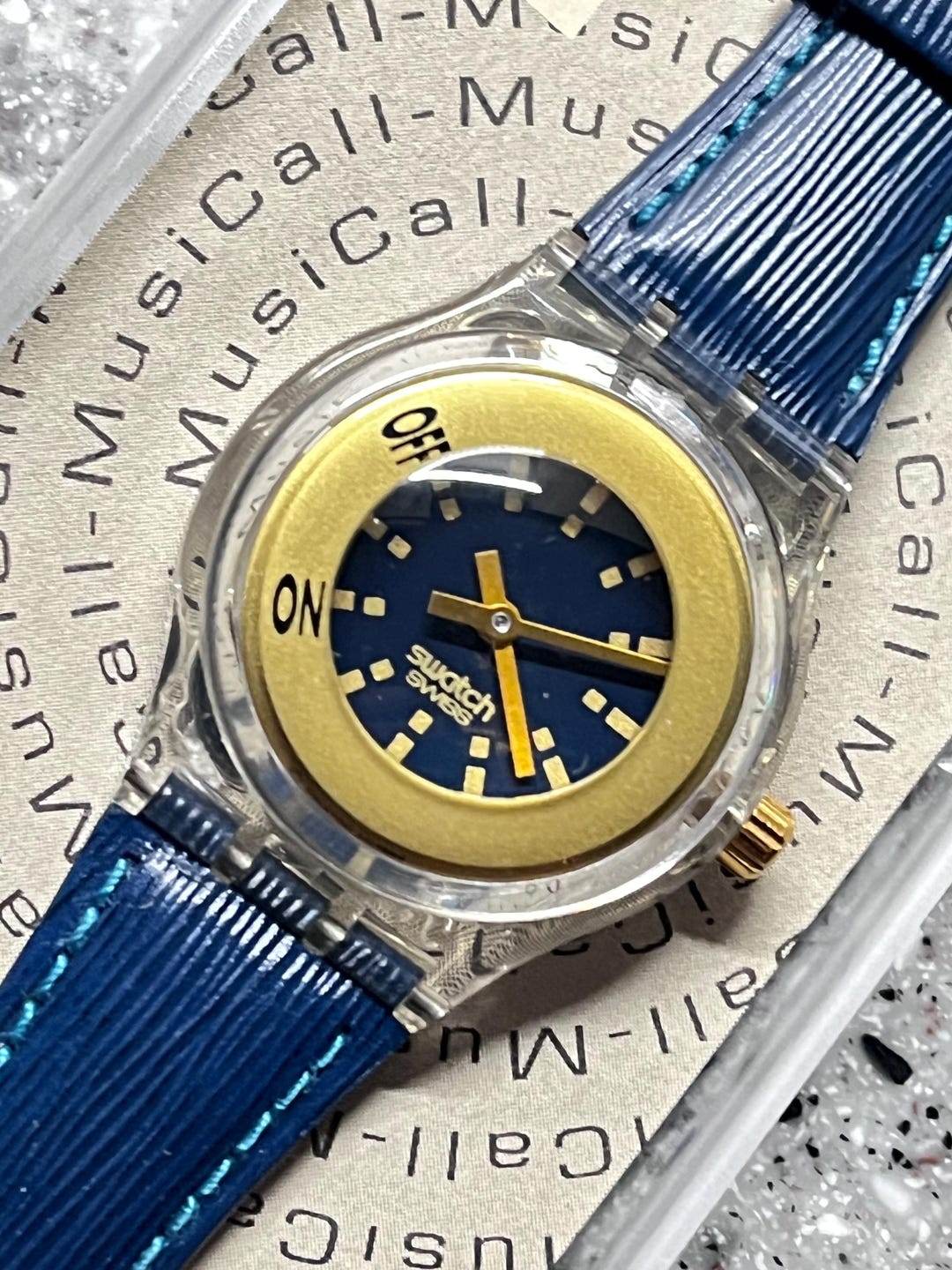 Swatch Vintage Watch Musical Called FUNK, 34mm SLK106 in Box With Battery Leather Band Music by ...