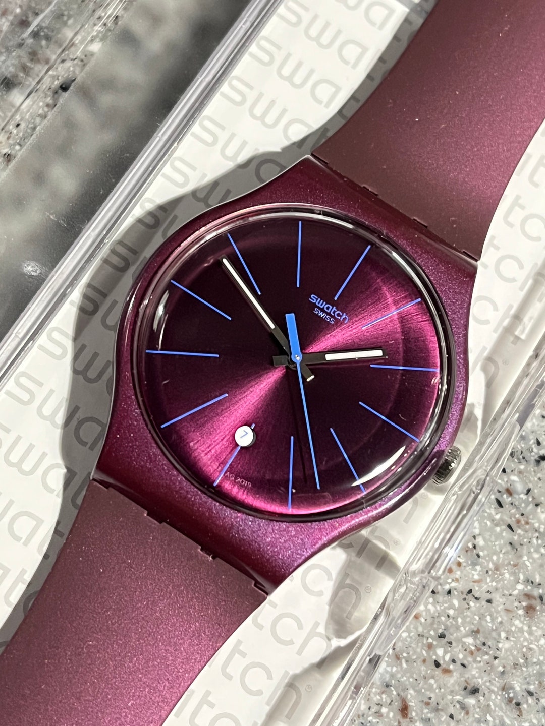 NEW Swatch Watch Discontinued 41mm Face in Glistening Burgundy Blue ...