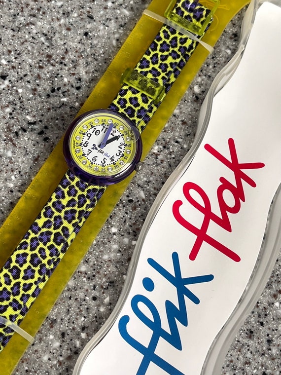 New Flik Flak Swatch Watch leopard print purple green… - Gem