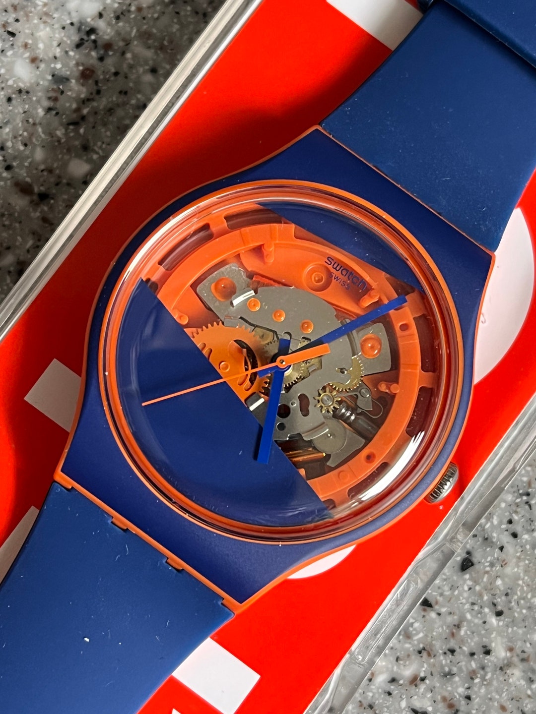Wonderful NEW Swatch Watch Skeleton Blue and Orange 41mm Larger Face in ...