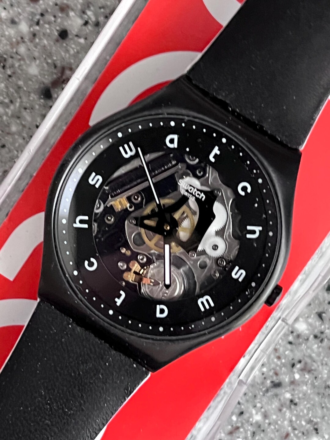 Swatch Watch Black and White Logo SKIN Swatch 42mm Larger Skeleton Dial ...