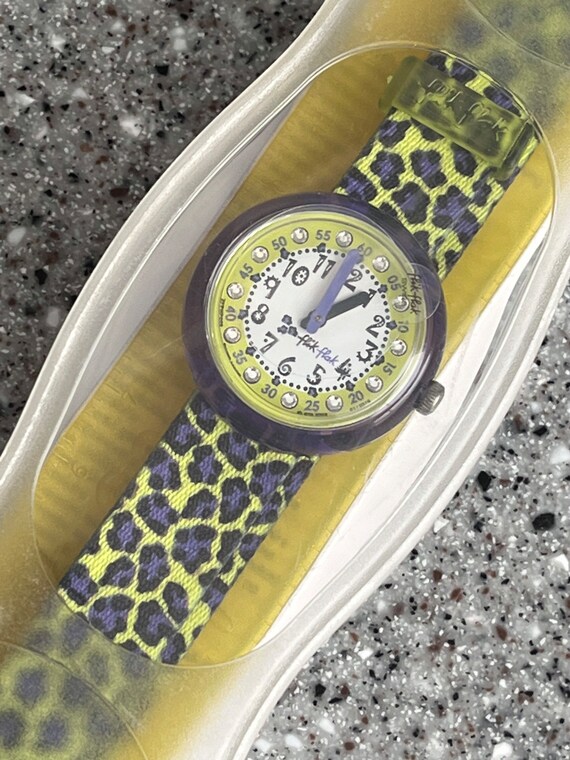 New Flik Flak Swatch Watch leopard print purple green… - Gem