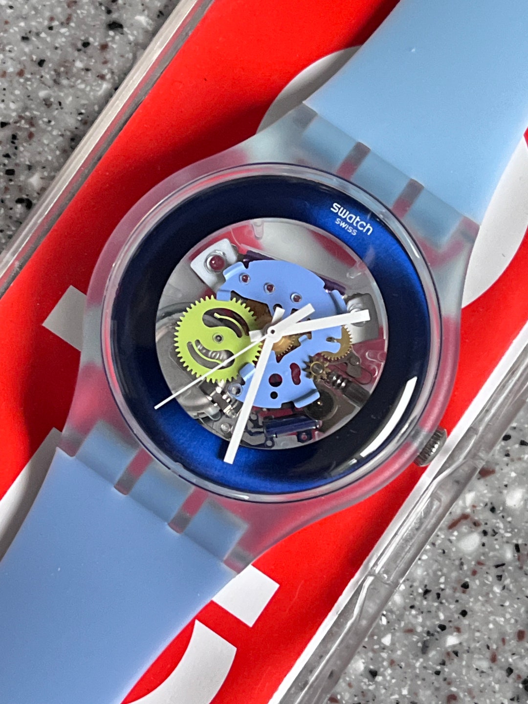 Swatch Watch Light Blue Lacquer Skeleton RARE With Light Blue and Lime ...