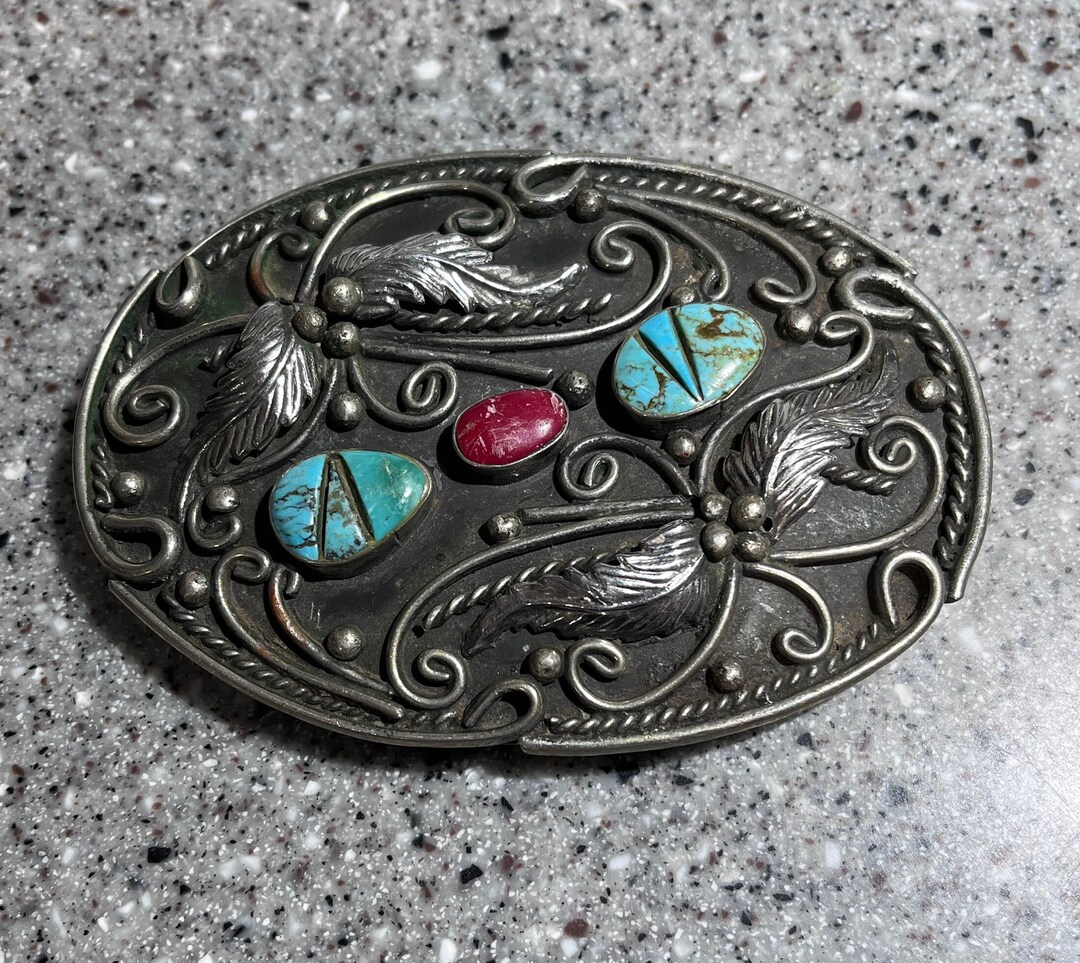 Vintage Very Large Unmarked Western Belt Buckle With Turquoise Colored ...