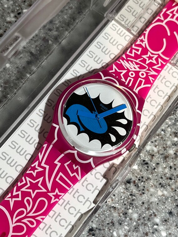 Swatch Watch Shout Out Kidbot Pink Graffiti Watch With Blue | Etsy