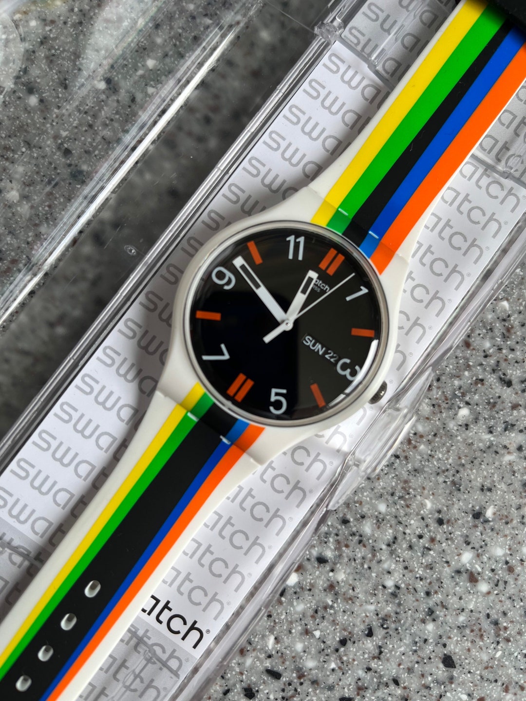 Swatch Watch Pre owned excellent condition 41mm face racing stripes and ...