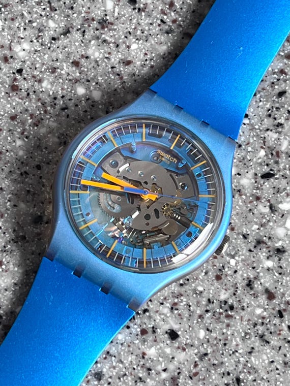 BRAND NEW swatch watch 41mm larger face Blue skeleton… - Gem