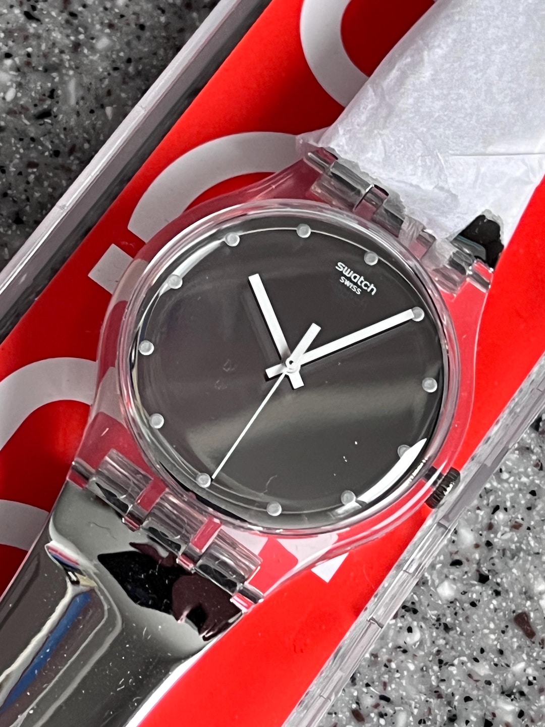 Swatch Watch Larger Silver Mirrored Watch Still Has Tissue Paper on the Band Newer Gents 41mm ...
