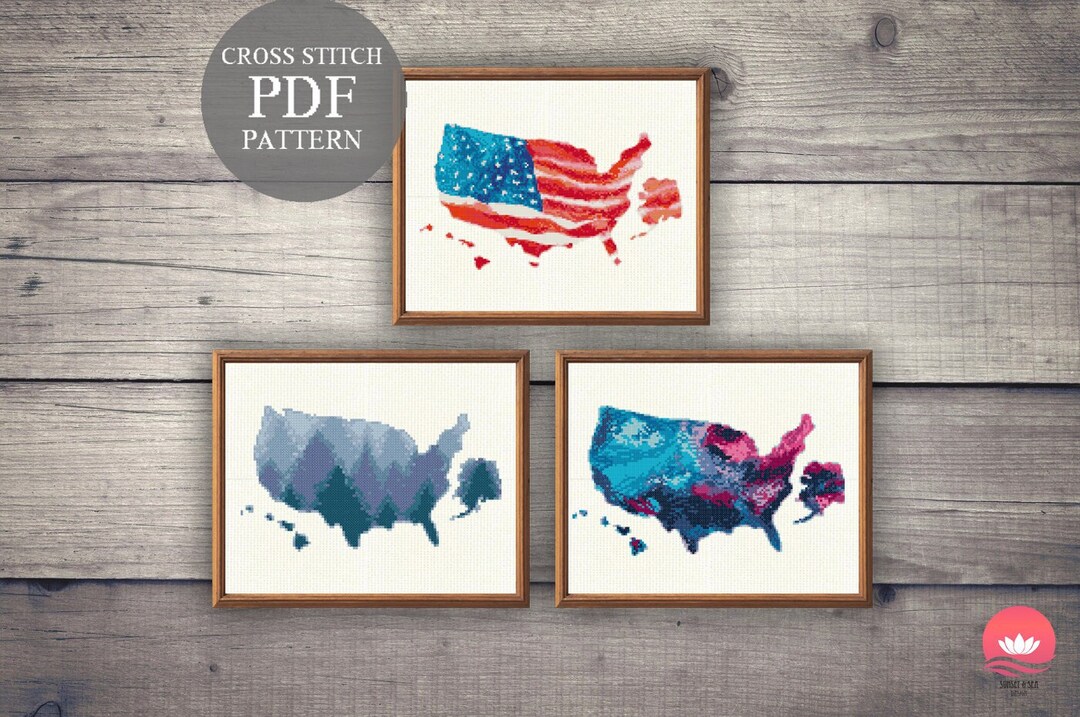 3 USA Map Cross Stitch Patterns Set. Map Cross Stitch Pdf. Modern ...