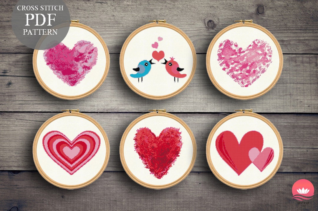 6 Hearts Birds Nursery Set Cross Stitch Patterns. Love Cross Stitch Pdf ...
