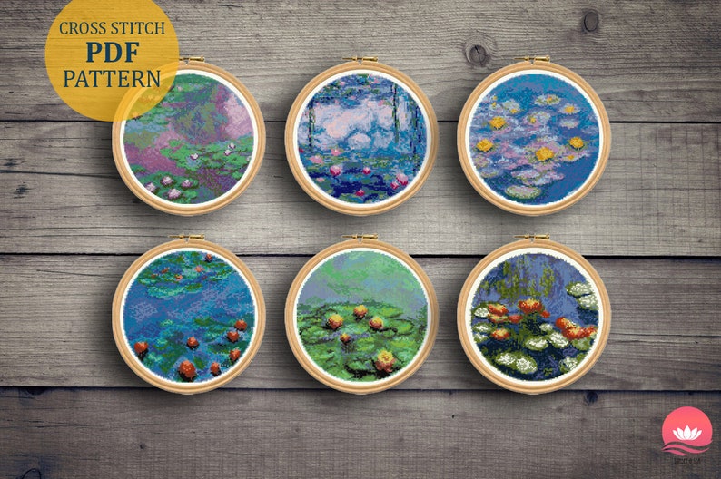 6 Claude Monet Water Lilies Cross Stitch Patterns Set. Monet Famous ...