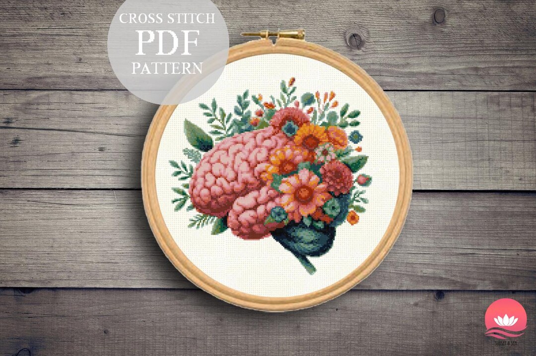 Floral Watercolor Brain Cross Stitch PDF Pattern. Human Organ Brain ...