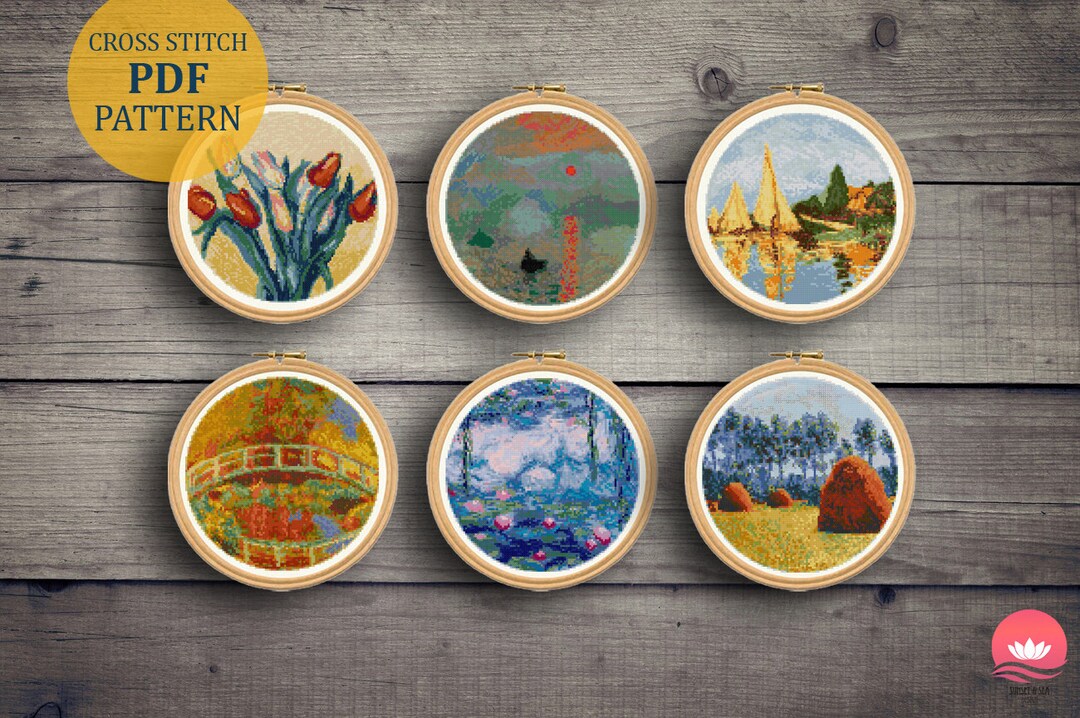6 Claude Monet Cross Stitch Patterns Set. Impression Sunrise Cross ...