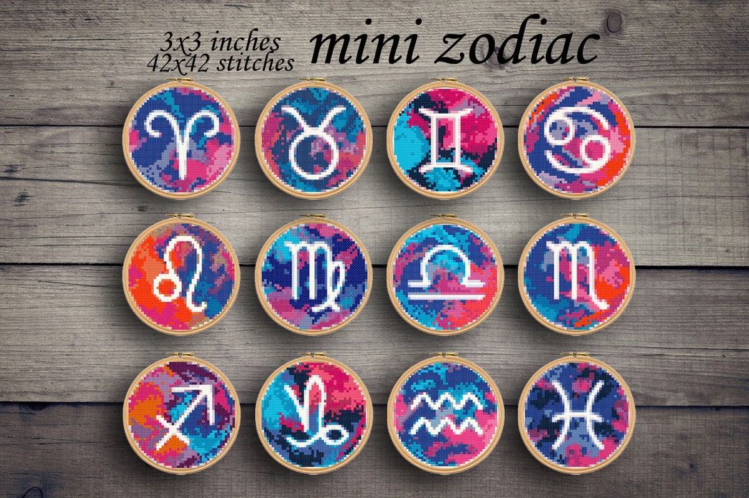 12 MINI Zodiac Cross Stitch Patterns Set. Zodiac Astrology - Etsy